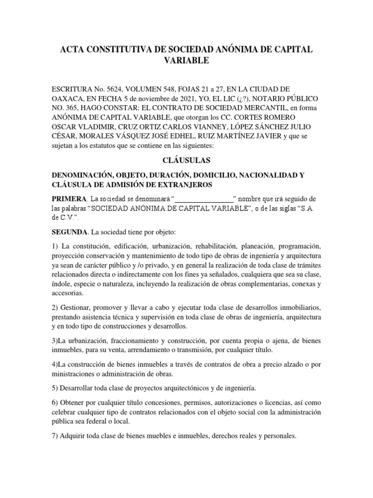 Avance Acta Constitutiva de Sociedad Anónima de Capital Variable | PDF | Sociedad de ...