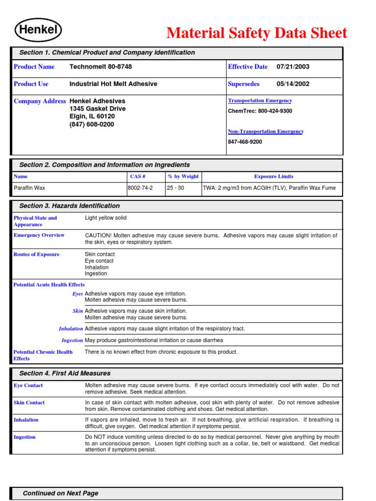 Material Safety Data Sheet: Henkel | PDF | Water | Dangerous Goods