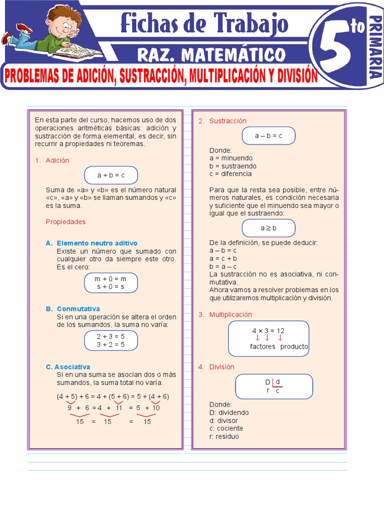 Problemas de Adición Sustracción Multiplicación y División para Quinto Grado de Primaria | PDF ...