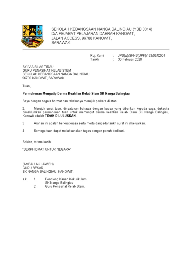 3.10 B - Surat Permohonan Derma Tidak Diluluskan - 1 | PDF