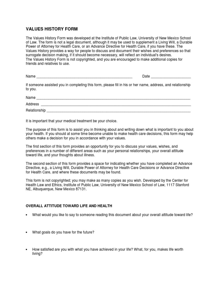 Values History Form: Overall Attitude Toward Life and Health | PDF ...
