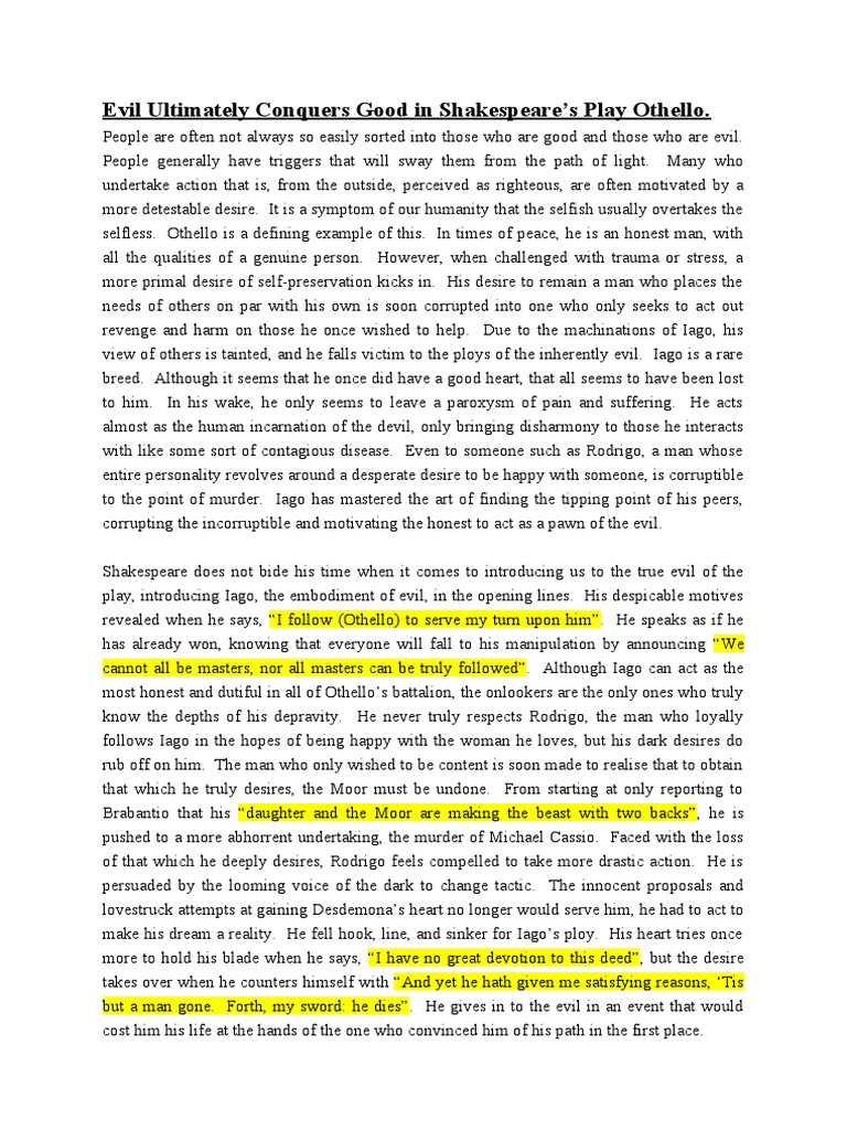Evil Conquers Good in Shakespeare's "Othello" | PDF | Othello | Iago