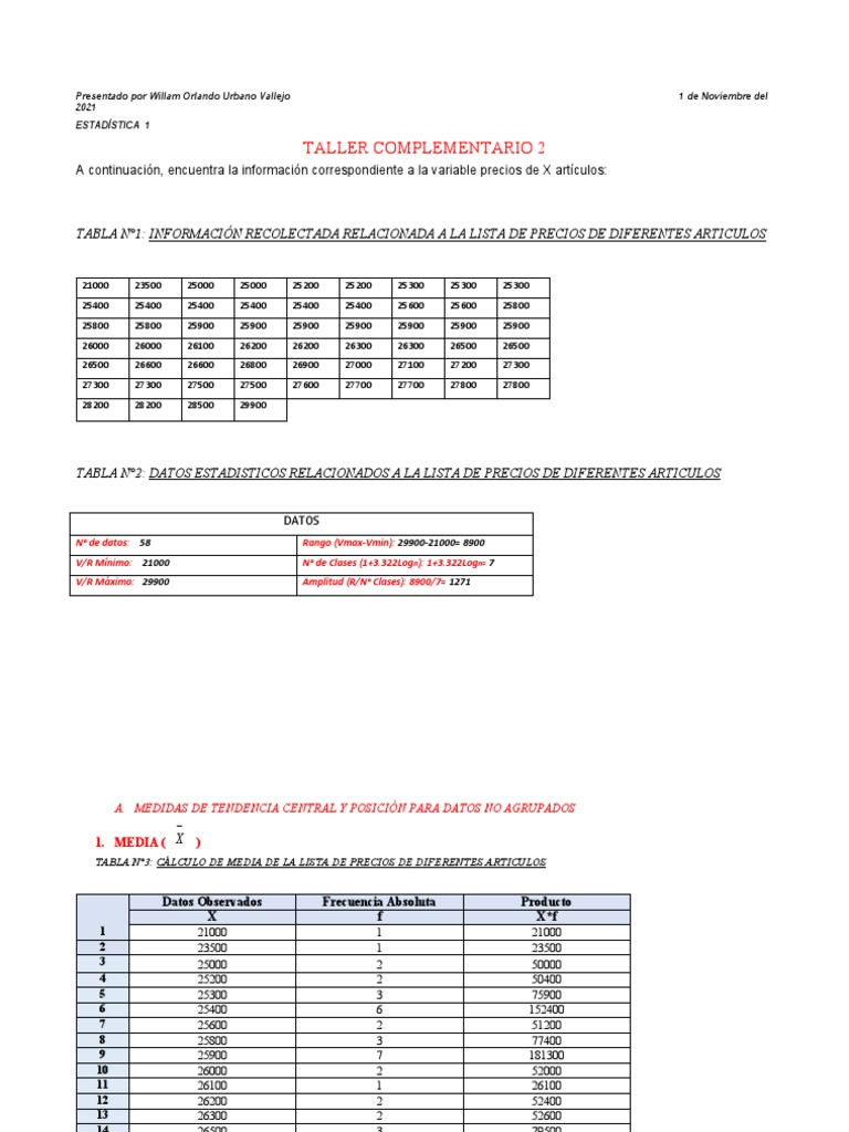 Taller Complementario 2psto3noca | PDF | Mediana | Muestreo (Estadísticas)