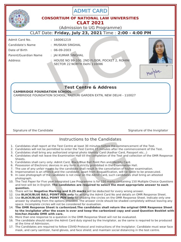 Admit Card Clat 2021 160061219 60ee0a75c4a32 | PDF | Health Sciences