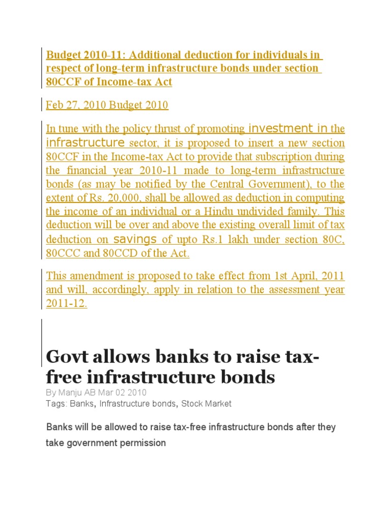 Govt Allows Banks To Raise Tax-Free Infrastructure Bonds | PDF | Taxes ...