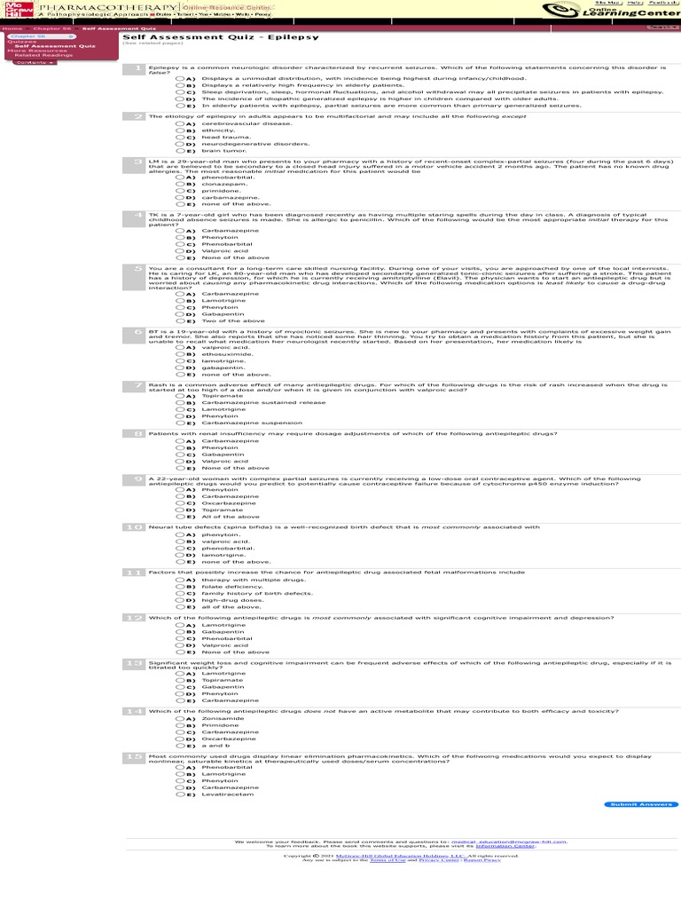 Self Assessment Quiz - Epilepsy | PDF | Epilepsy | Medical Specialties