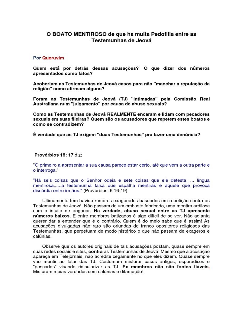 O Boato Mentiroso de Que Hc3a1 Muita Pedofilia Entre As Testemunhas de ...