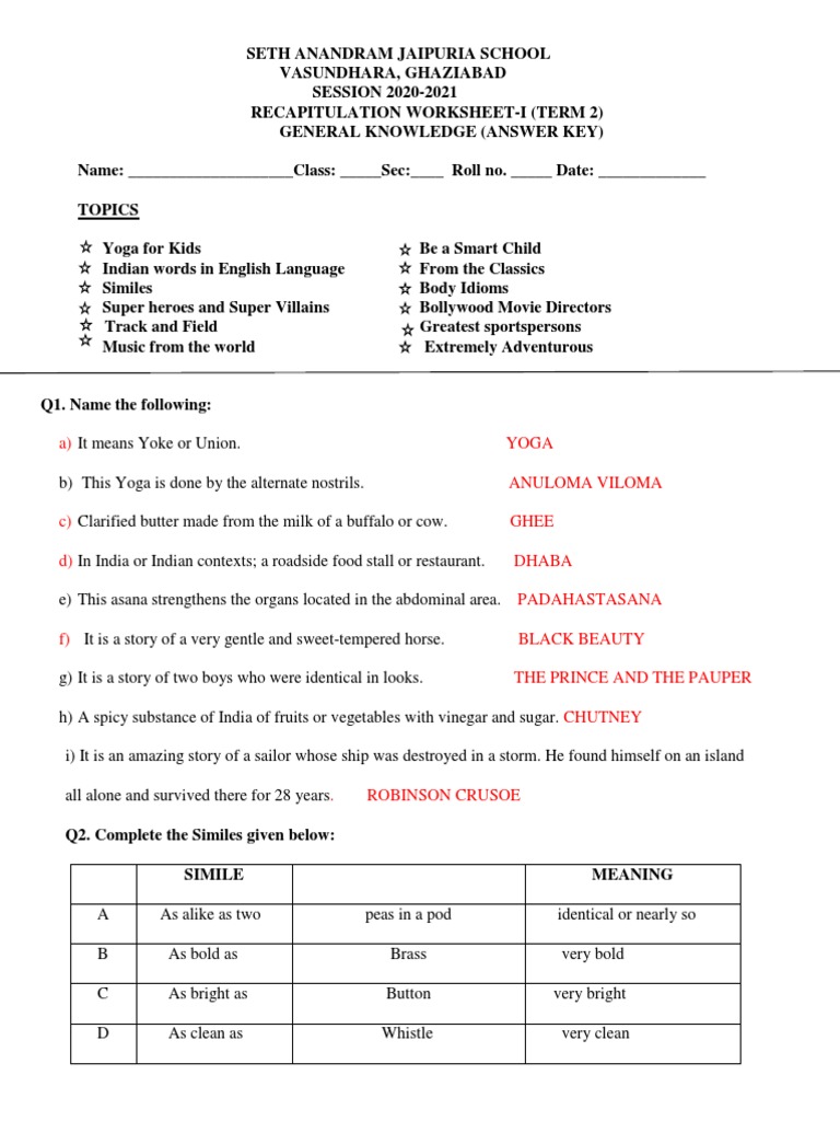GK Worksheet Answer Key - 2 | PDF