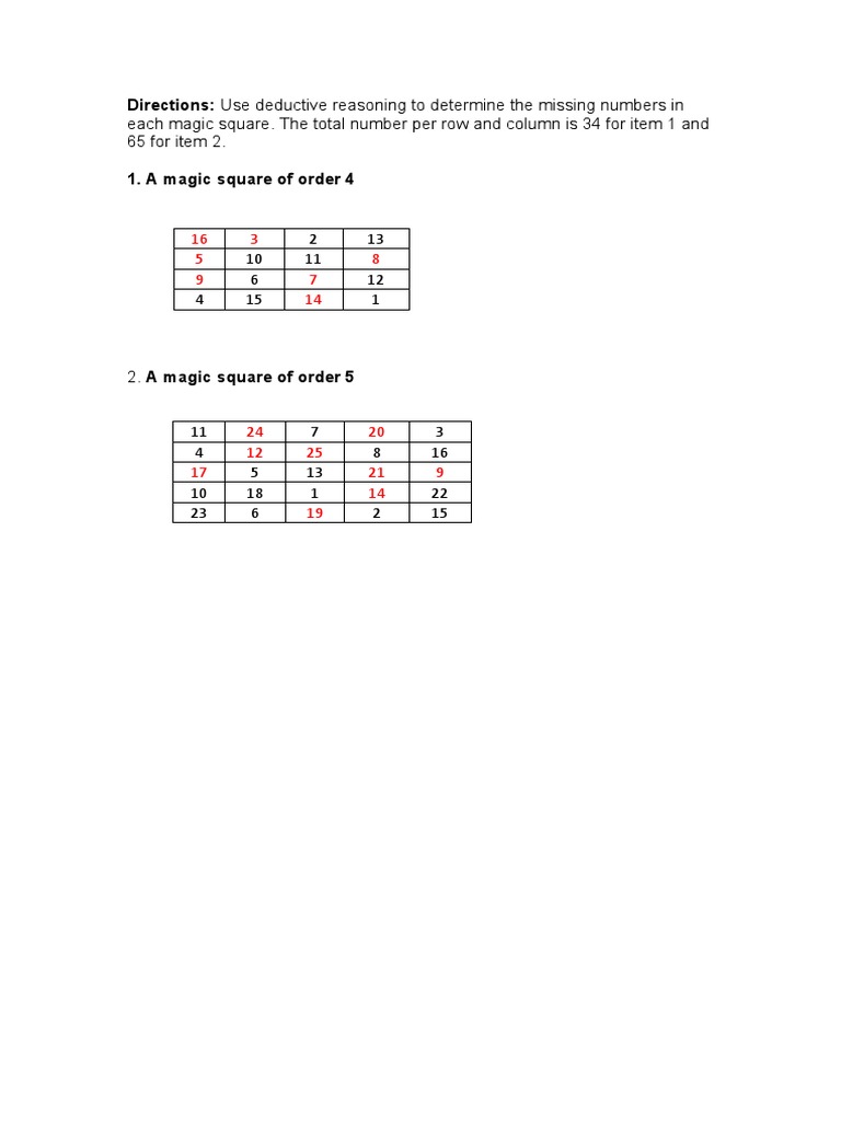 Magic Square Deductive Reasoning | PDF