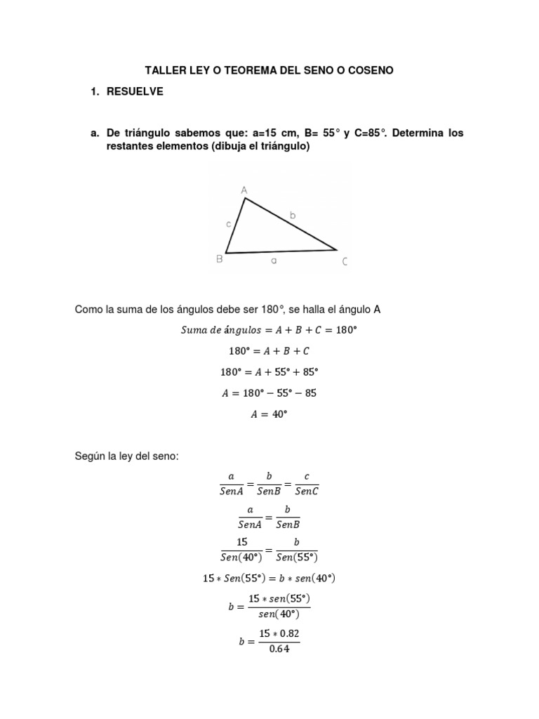 Taller Ley o Teorema Del Seno o Coseno. | PDF | Funciones trigonométricas | Triángulo