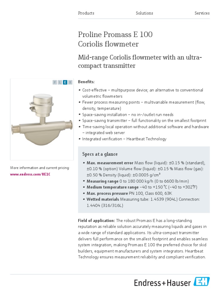Proline Promass E 100 Coriolis Flowmeter: Mid-Range Coriolis Flowmeter ...