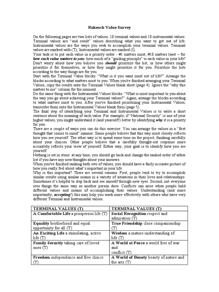 Rokeach Value Survey | PDF | Value (Ethics) | Self Esteem