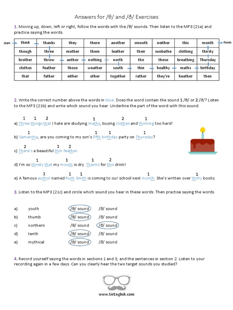 Answers for /θ/ and /ð/ Exercises: start finish | PDF
