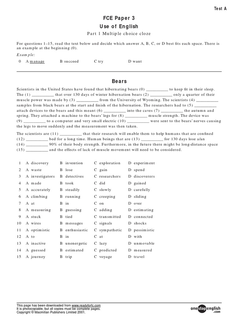 FCE Paper 3 Use of English: Part 1 Multiple Choice Cloze | PDF | Car ...
