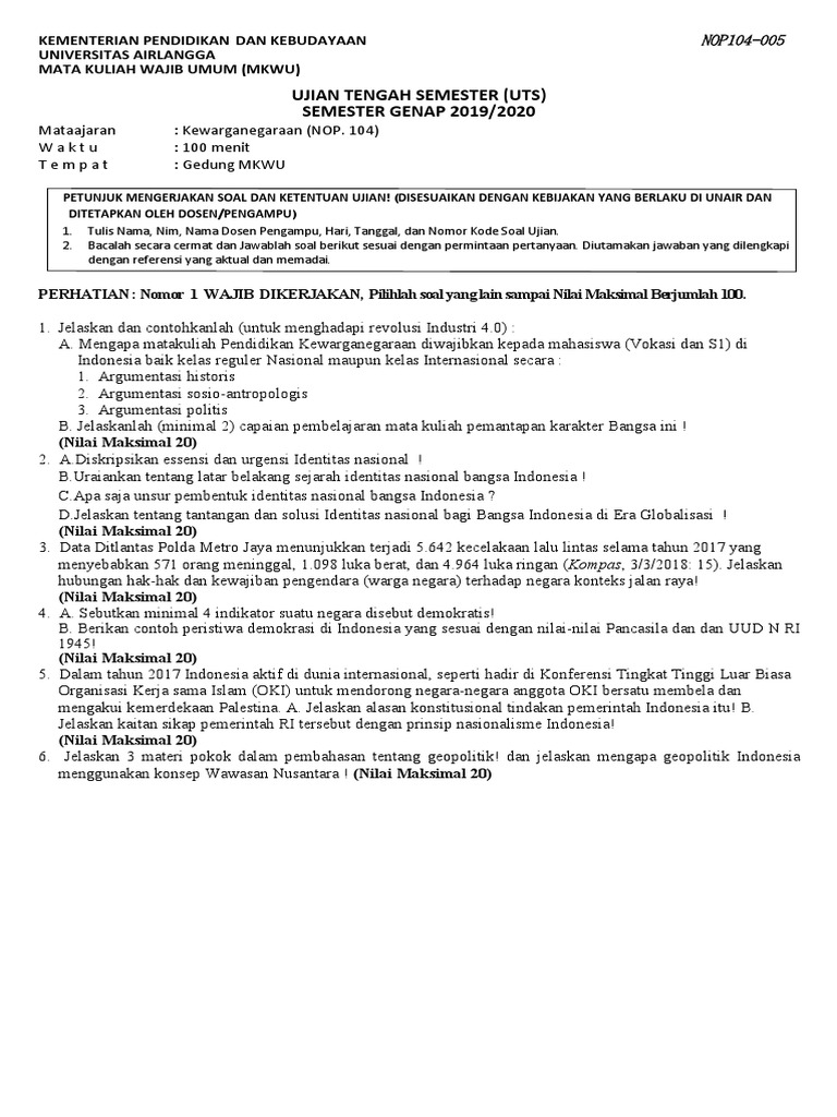 Soal UTS KWN GENAP 2019-2020 Type 05 | PDF | Perjalanan