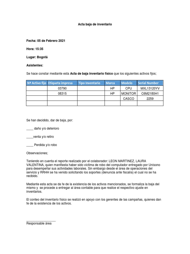 Acta Baja de Inventario.. | PDF | Finanzas y dinero