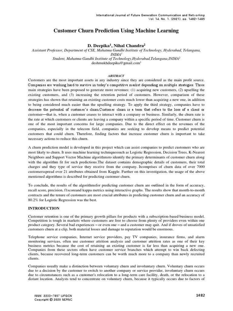 Customer Churn Prediction Using Machine Learning: D. Deepika, Nihal ...