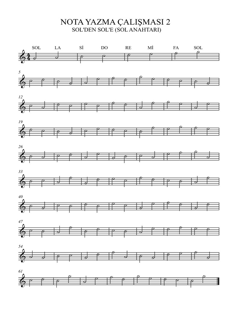 Nota Yazma Çalişmasi 2 Sol'den Sol'e (Sol Anahtari) | PDF
