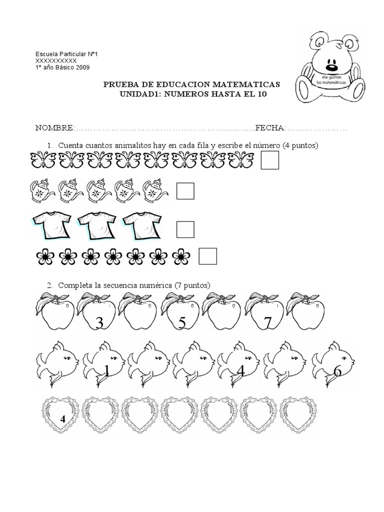Prueba Matematicas 1 Basico 1 Al 10 Subir | PDF