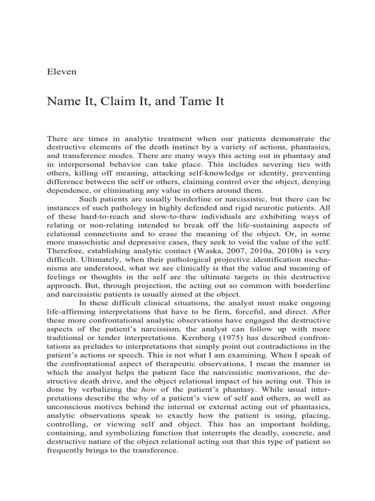 Name It Claim It And Tame It Eleven Pdf Psychoanalysis Narcissism