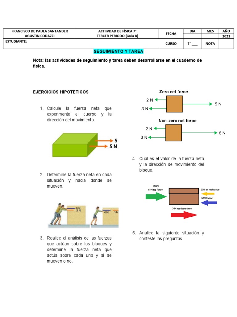 Actividad Guía 8. Fuerza Neta 7° | PDF