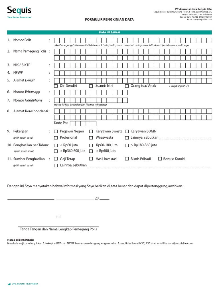 Formulir Pengkinian Data Sequis Life | PDF