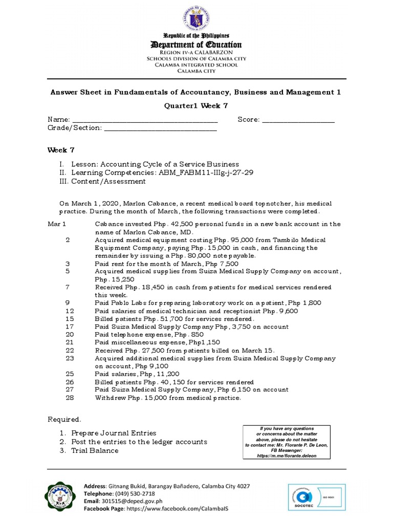 Answer Sheet in Fundamentals of Accountancy, Business and Management 1 ...