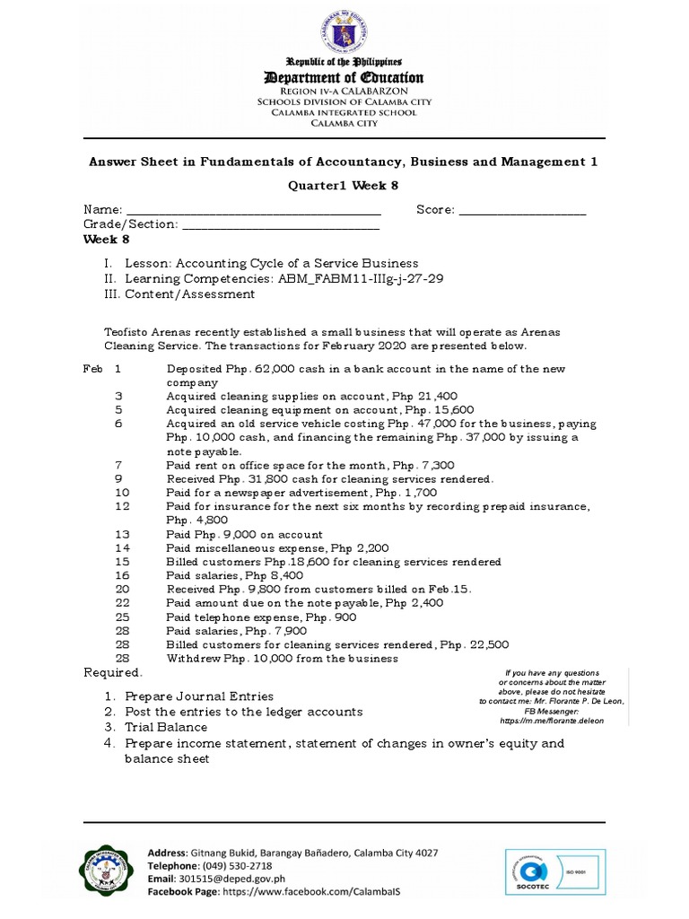 Answer Sheet in Fundamentals of Accountancy, Business and Management 1 ...