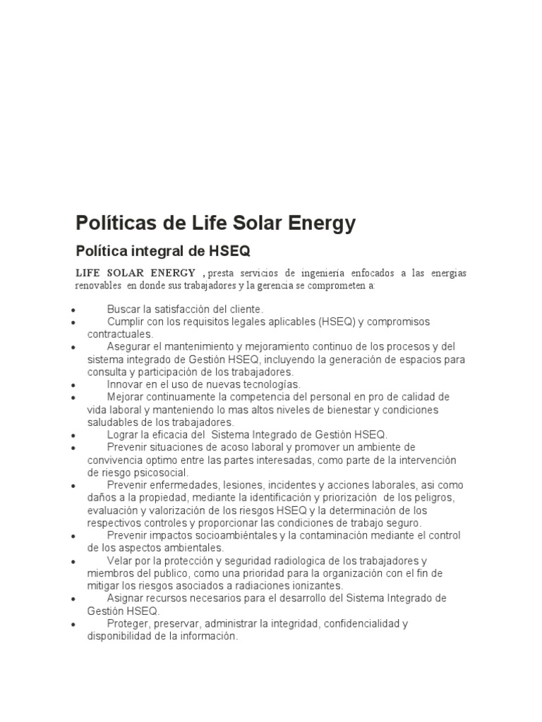 Politica HSEQ Life Solar Energy | PDF