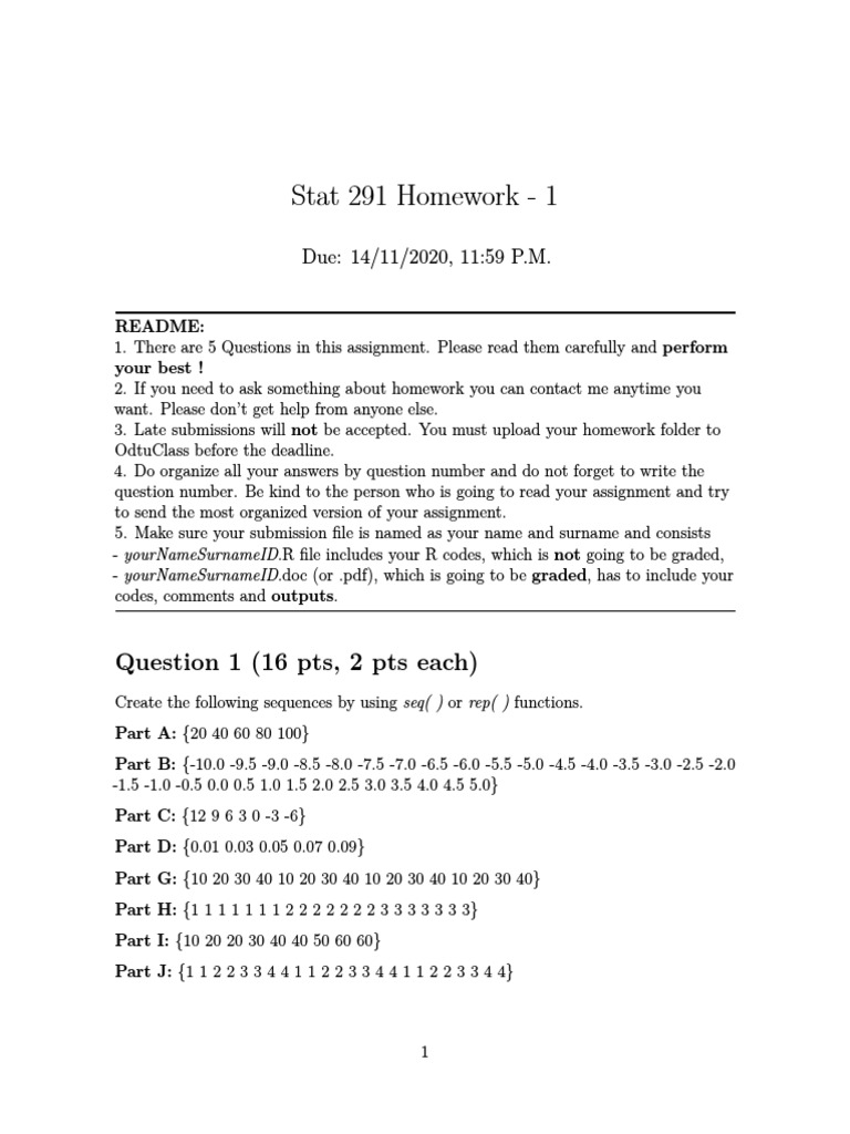Stat 291 Homework - 1: Question 1 (16 PTS, 2 Pts Each) | PDF | Matrix (Mathematics) | Array Data ...