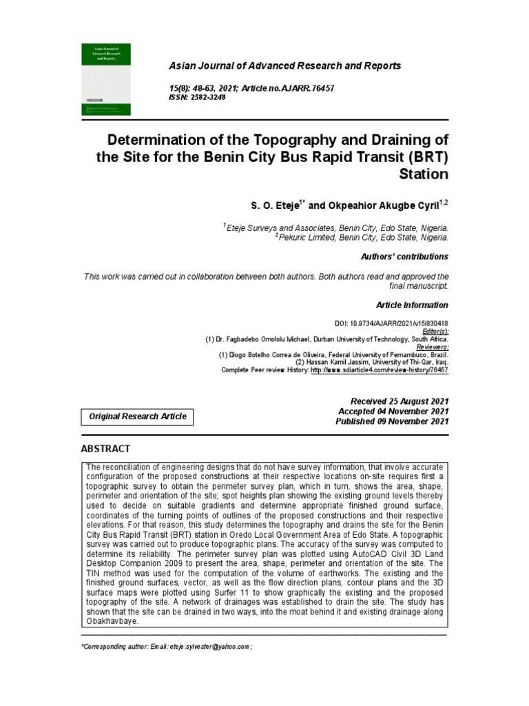 Determination of The Topography and Draining of The Site For The Benin ...