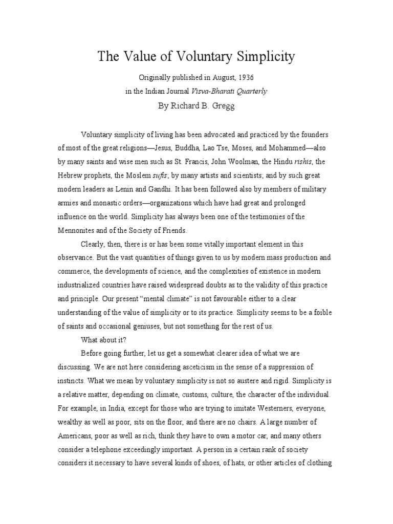 The Value of Voluntary Simplicity-1 | PDF | Simple Living | Beauty