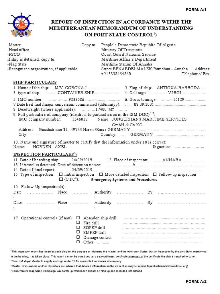 Report of Inspection in Accordance Withe The Mediterranean Memorandum ...