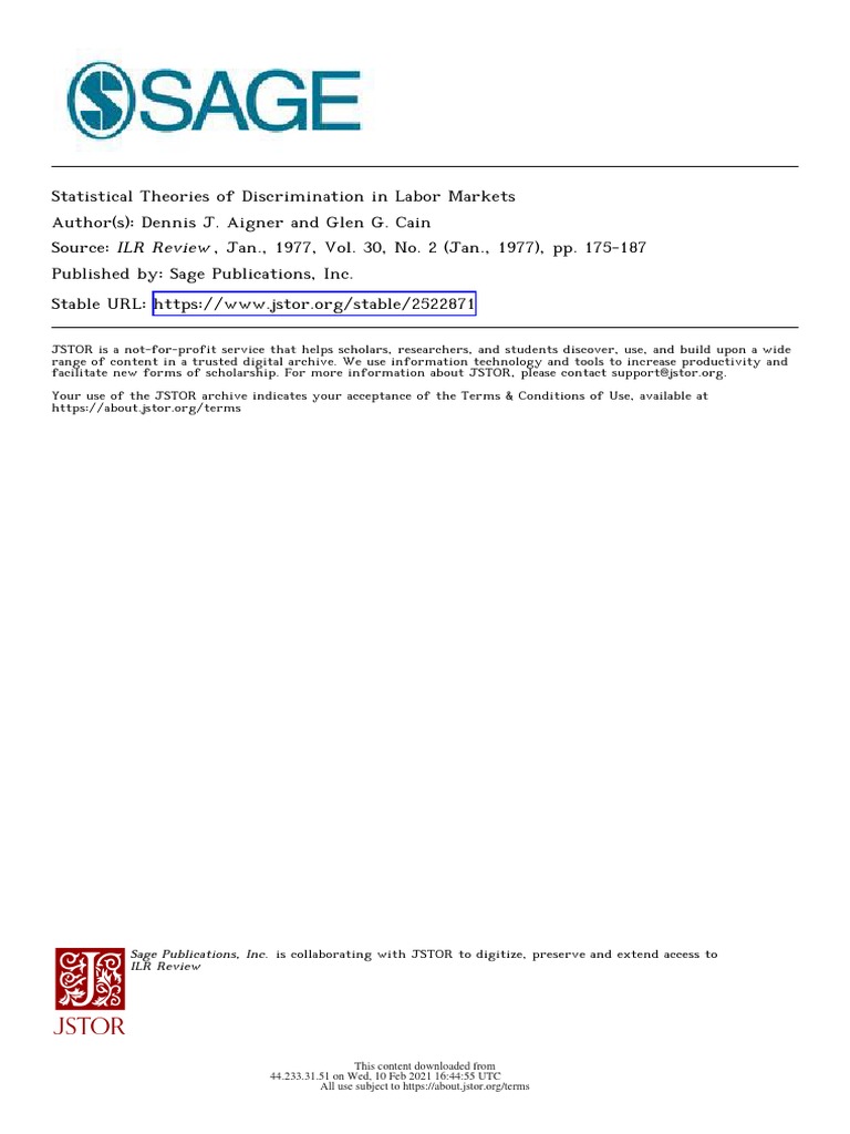 Statistical Theories of Discrimination in Labor Market | PDF | Labour ...