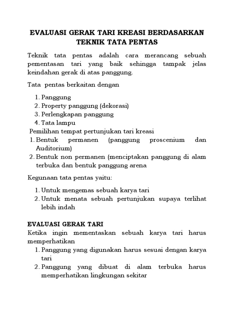 Evaluasi Gerak Tari Kreasi Berdasarkan Teknik Tata Pentas | PDF