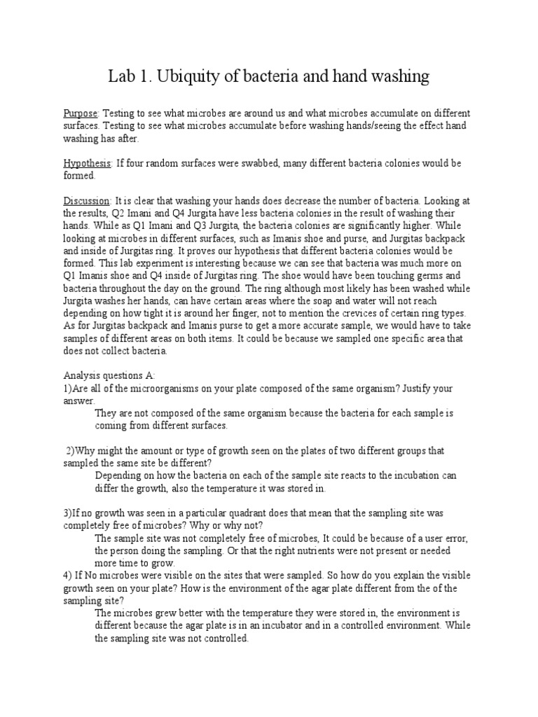 Lab 1. Ubiquity of Bacteria and Hand Washing | PDF | Experiment ...