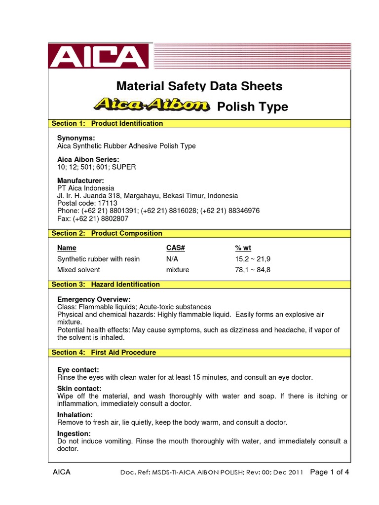 MSDS Aica Aibon Polish | PDF | Personal Protective Equipment | Fires