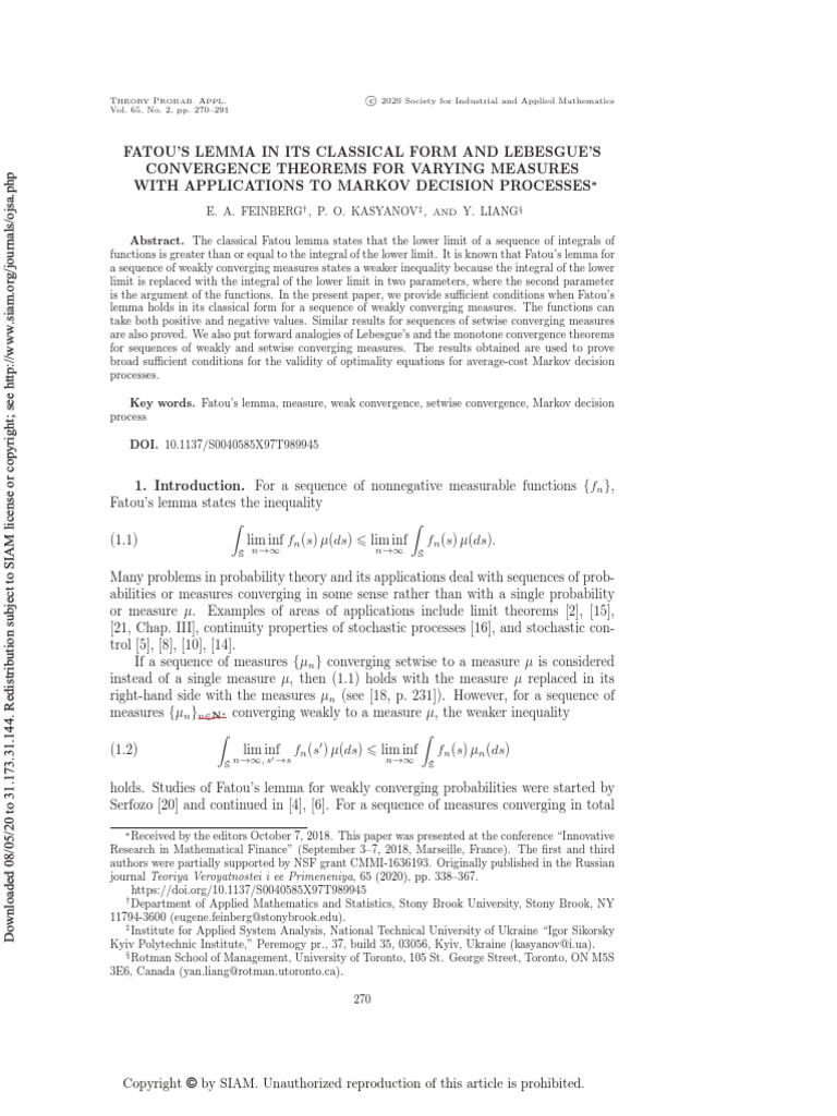 General Fatou's Lemma Weak Convergence | PDF | Analysis | Mathematical ...