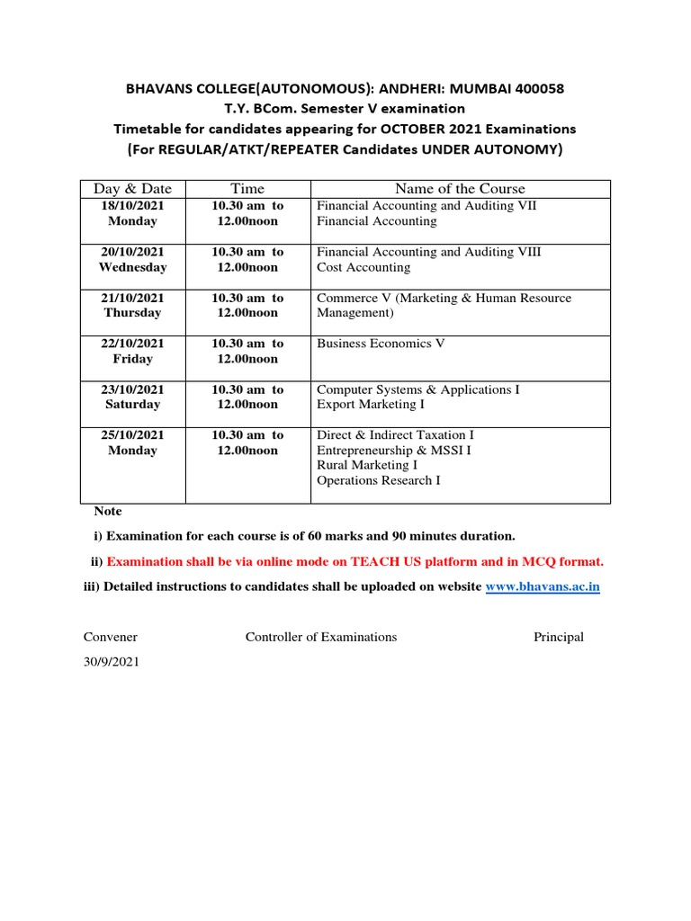T.Y. BCom Semester V Exam Timetable | PDF | Business | Finance & Money ...