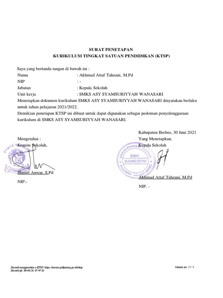 SURAT PENETAPAN PEMBERLAKUAN KURIKULUM (Format F7) | PDF