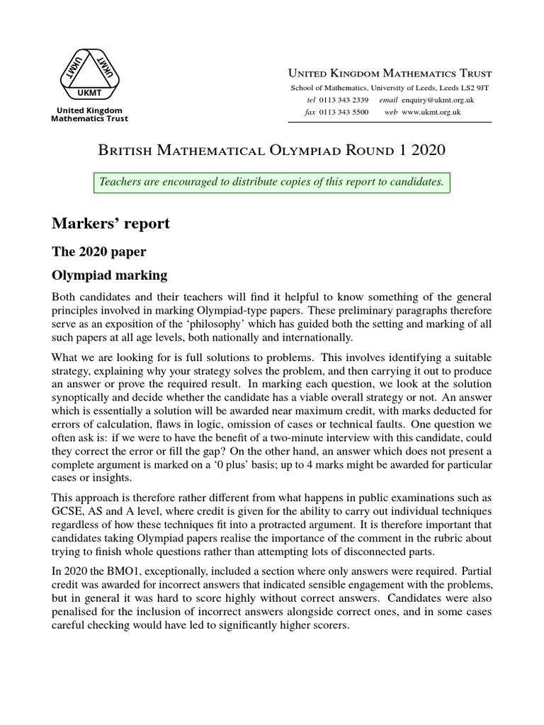 UKMT - BMO Round 1 - British Mathematical Olympiad 2021 - Report | PDF ...
