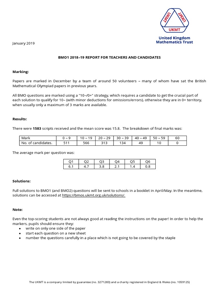 UKMT - BMO Round 1 - British Mathematical Olympiad 2019 - Report | PDF