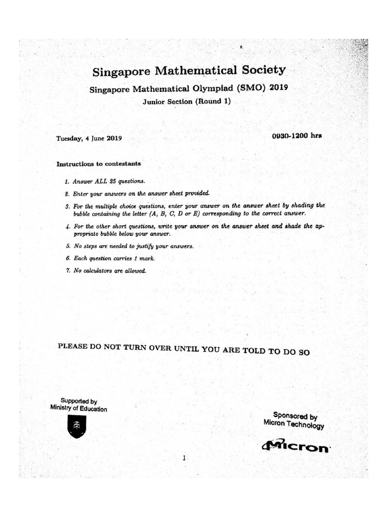Junior Section - First Round - SMO Singapore Mathematical Olympiad 2019 | PDF
