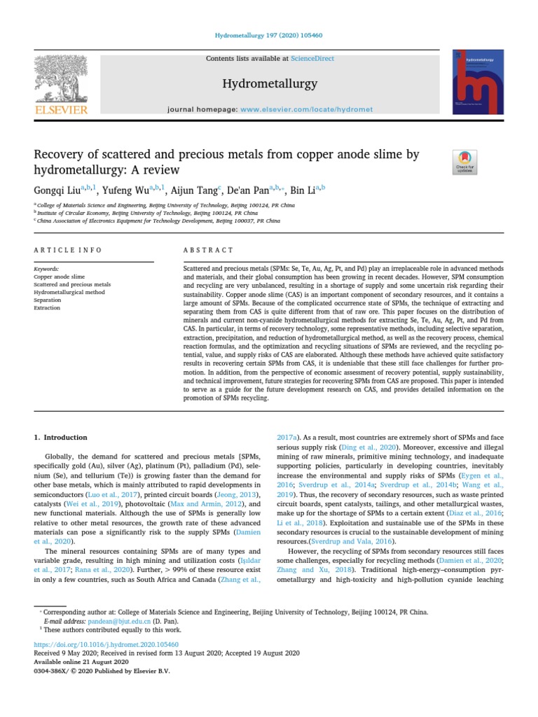 Recovery of Scattered and Precious Metals From Copper Anode Slime by ...