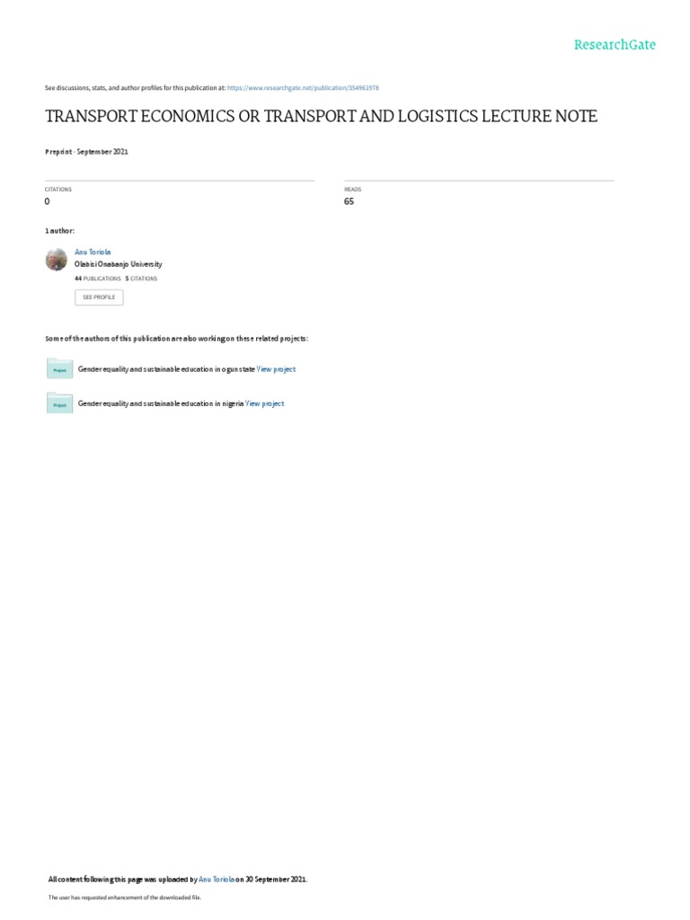 Transport Economics or Transport and Logistics Lecture Note: September ...