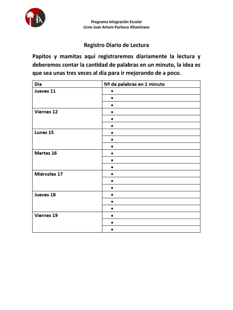 Registro Diario de Lectura Escolar | PDF