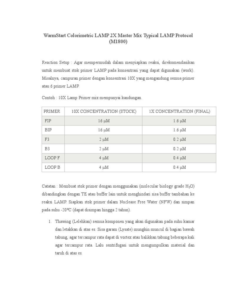 WarmStart Colorimetric LAMP 2X Master Mix Typical LAMP Protocol | PDF