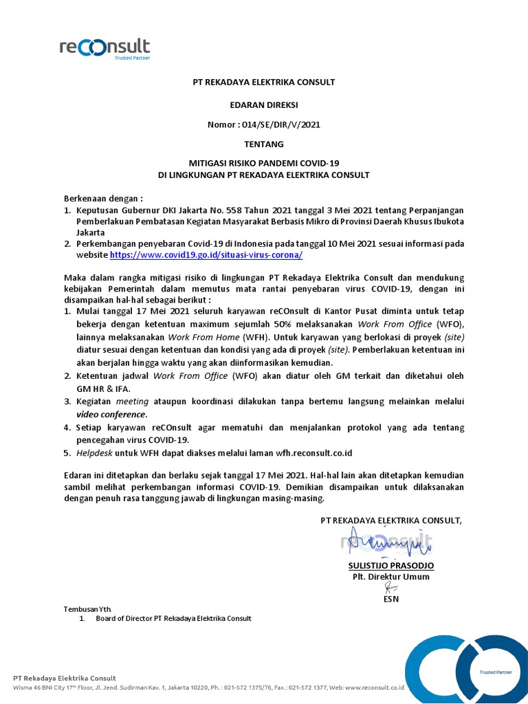 PT Rekadaya Elektrika Consult Edaran Direksi: Video Conference | PDF
