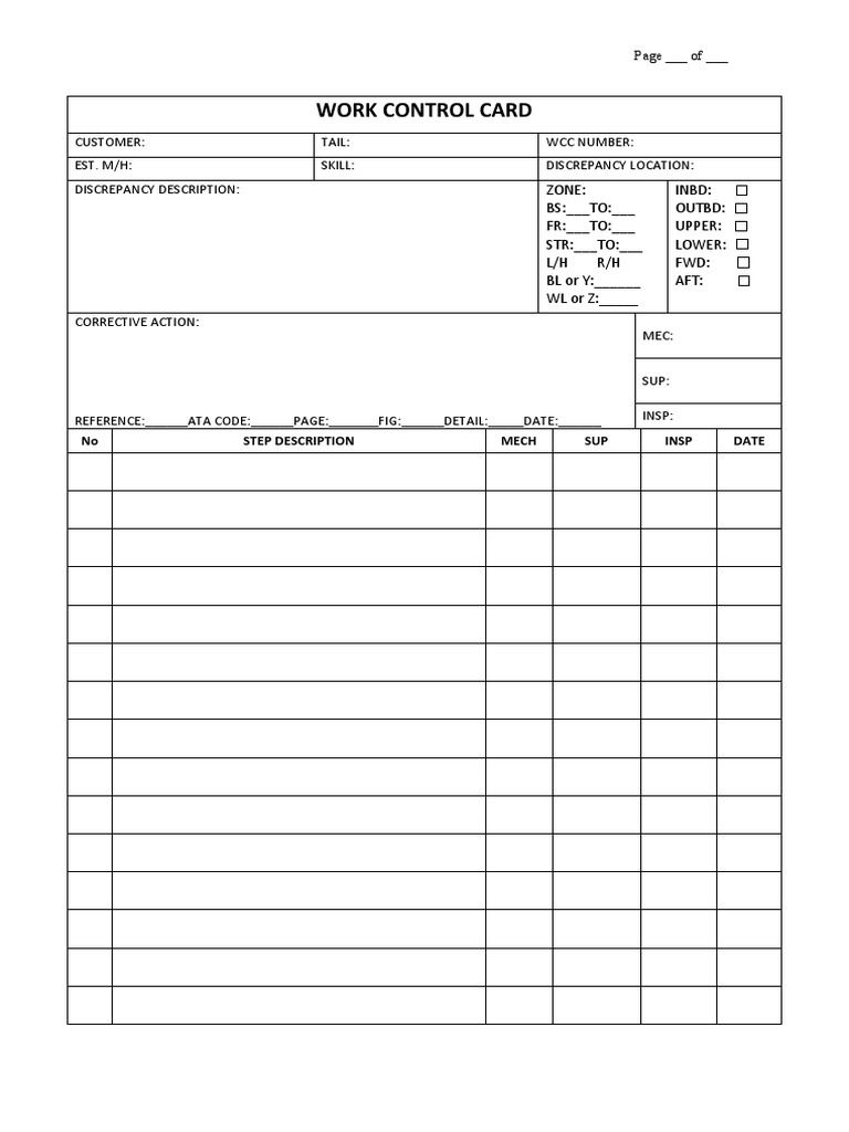 Work Control Card: Page - of | PDF