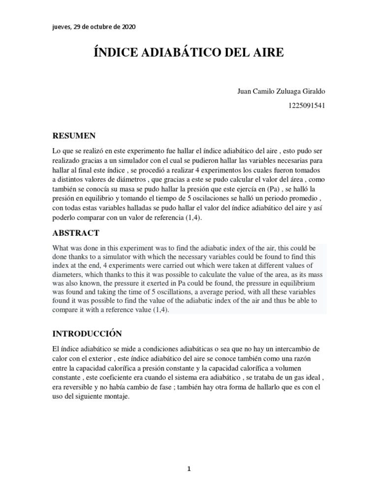 Índice Adiabático Del Aire Pdf Cantidades Fisicas Metrología